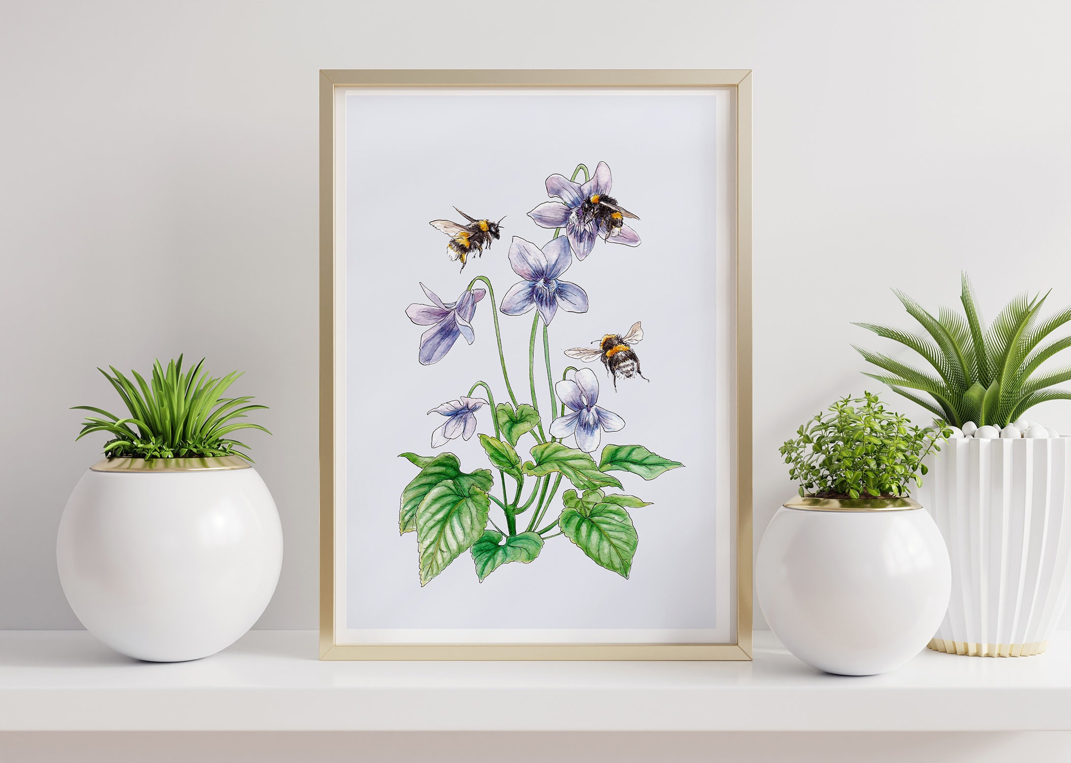 Dog Violets and Bumblebees Print - Bee and Flowers Illustration - Bee ...