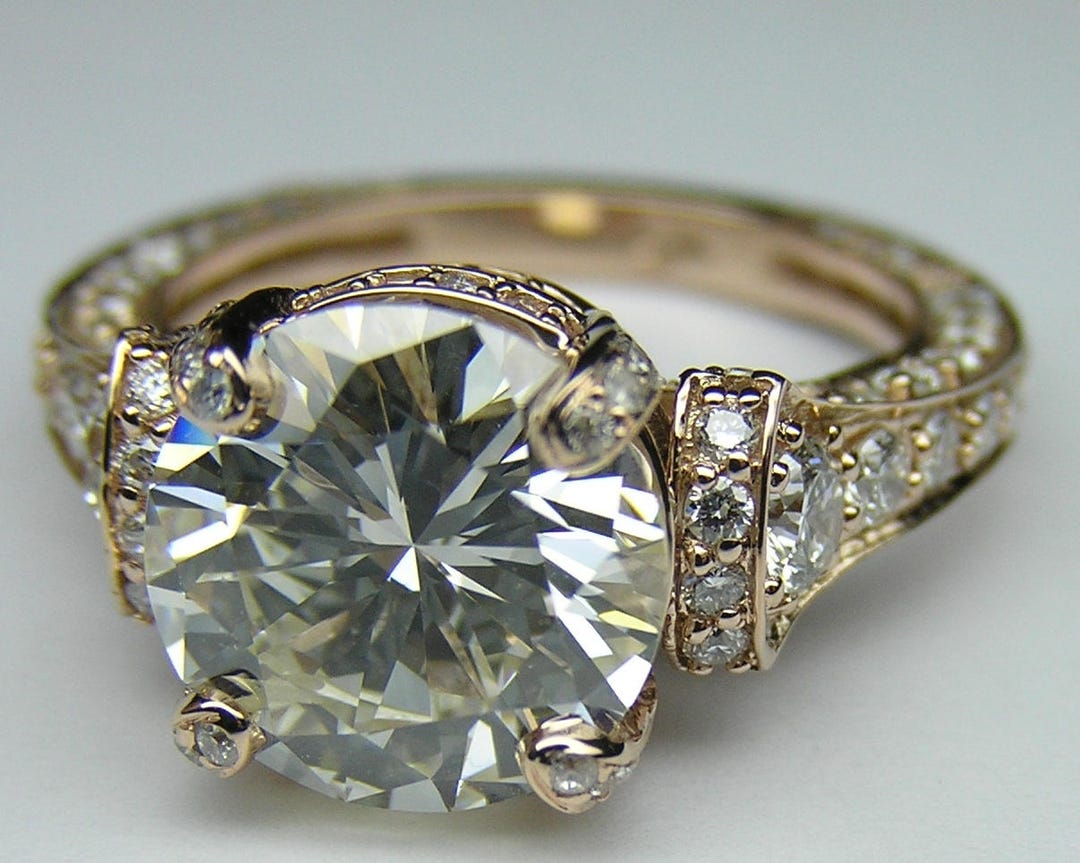 Large Round Cathedral Graduated Pave Diamond Engagement Ring in 14K ...