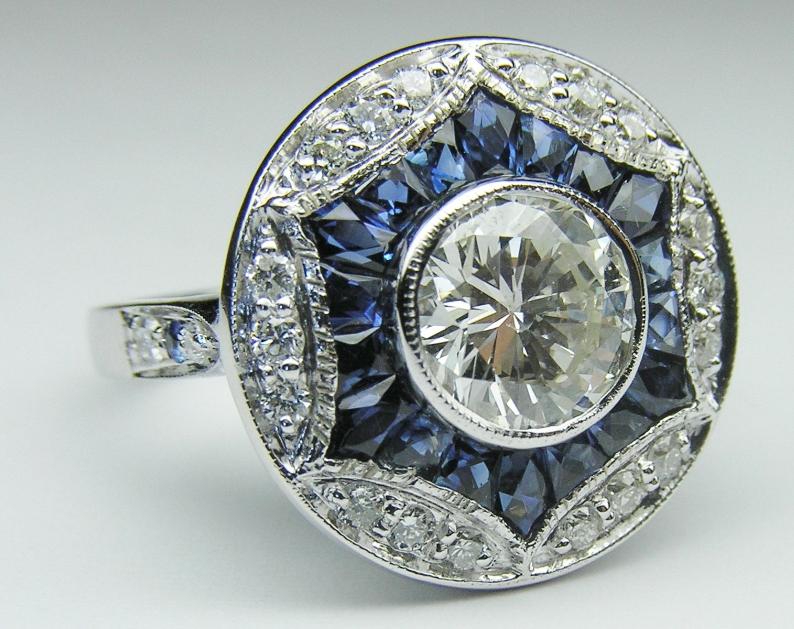 Art Deco Engagement Ring With Blue Sapphire & Diamond Halo | Etsy