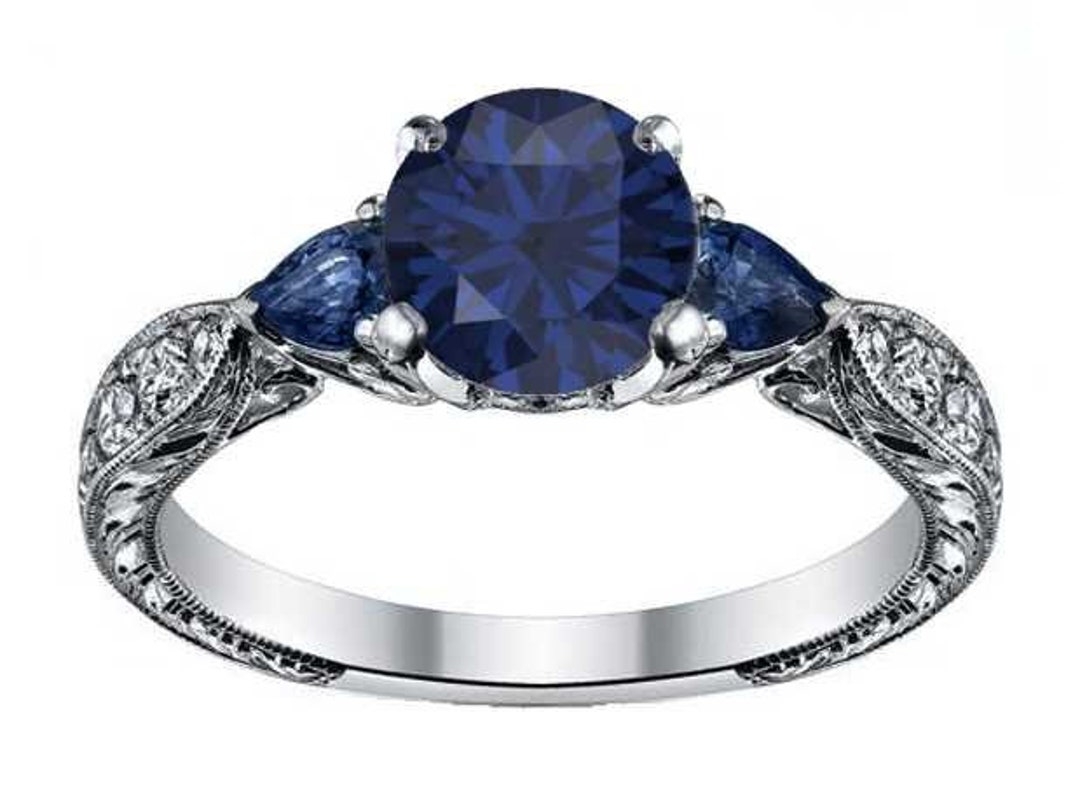Sapphire Round & Pear Shape Engagement Ring Hand Engraved - Etsy