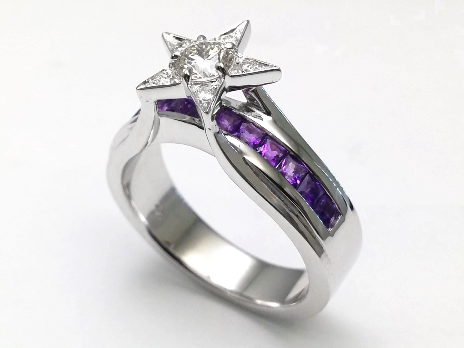 Amethyst & Diamond Star Bridge Engagement Ring in 14K White - Etsy