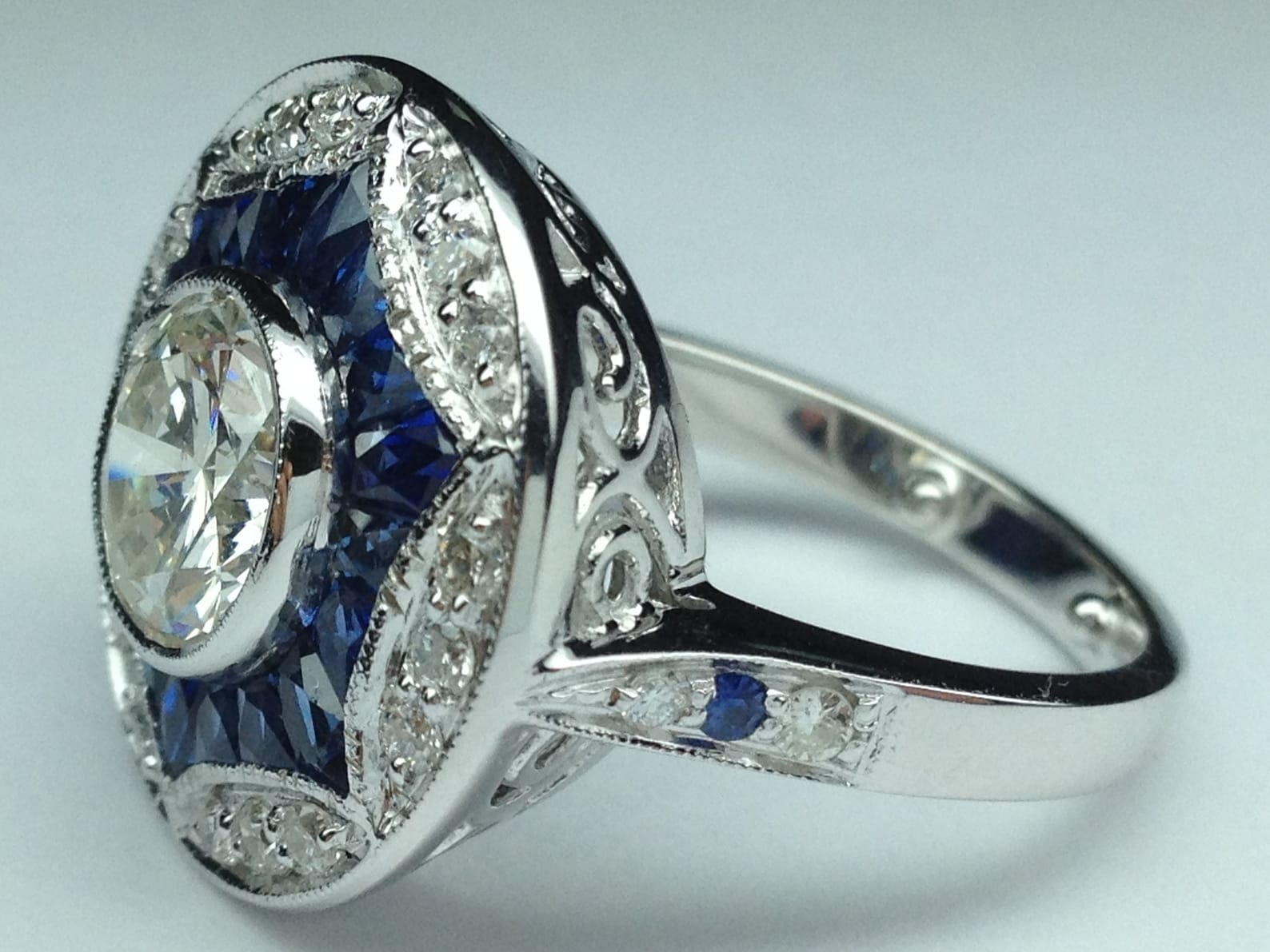 Art Deco Engagement Ring With Blue Sapphire & Diamond Halo | Etsy