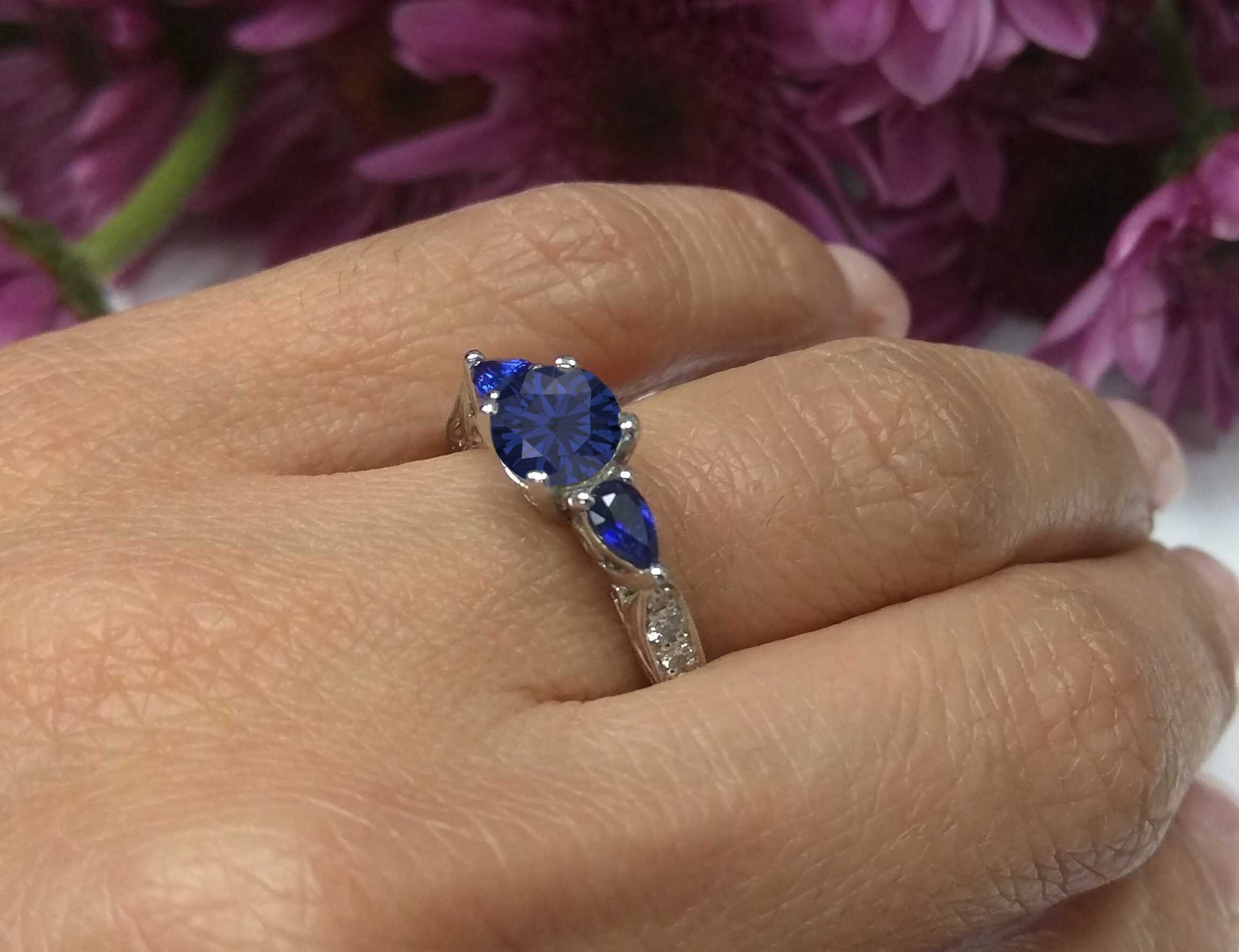 Sapphire Round & Pear Shape Engagement Ring Hand Engraved - Etsy