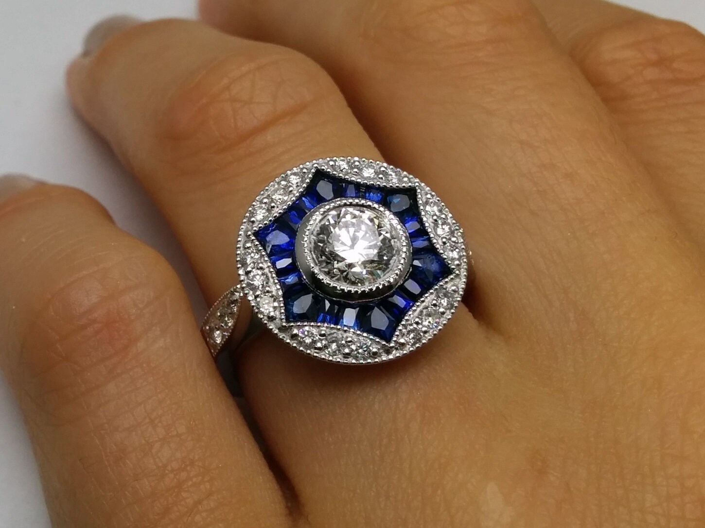 Art Deco Engagement Ring With Blue Sapphire & Diamond Halo | Etsy