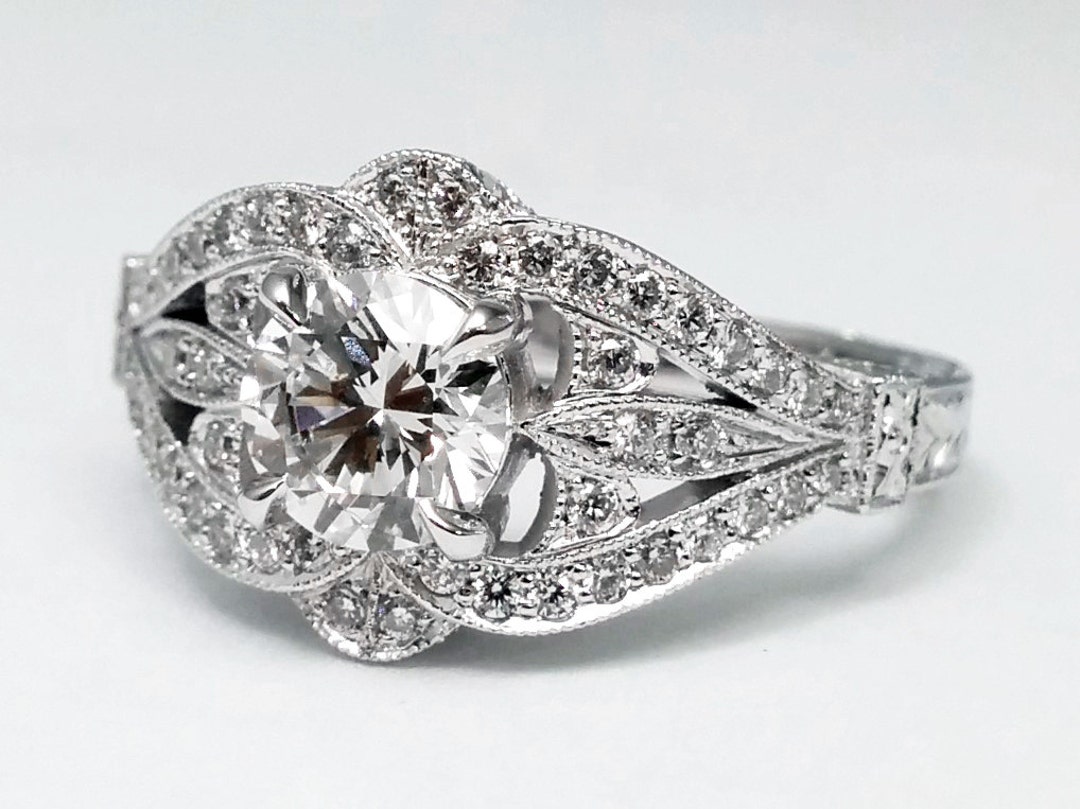 Vintage Filigree Diamond Engagement Ring Hand Engraved Band, GIA F ...