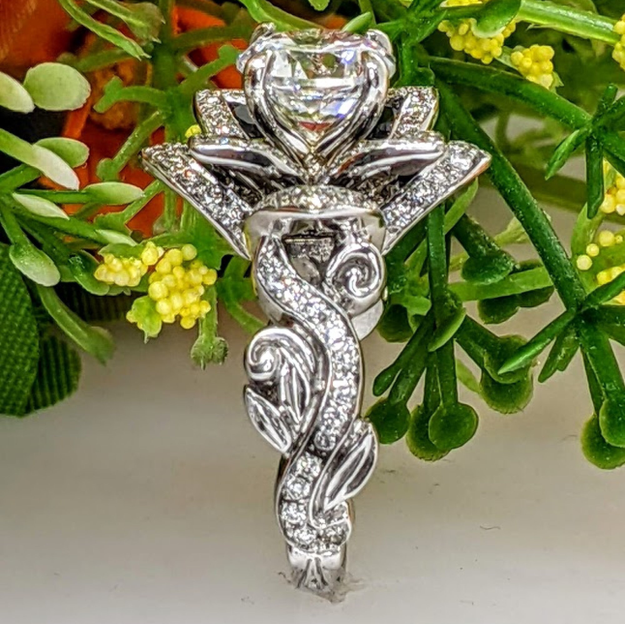 Lotus Flower Diamond Halo Engraved Engagement Ring 14k White | Etsy