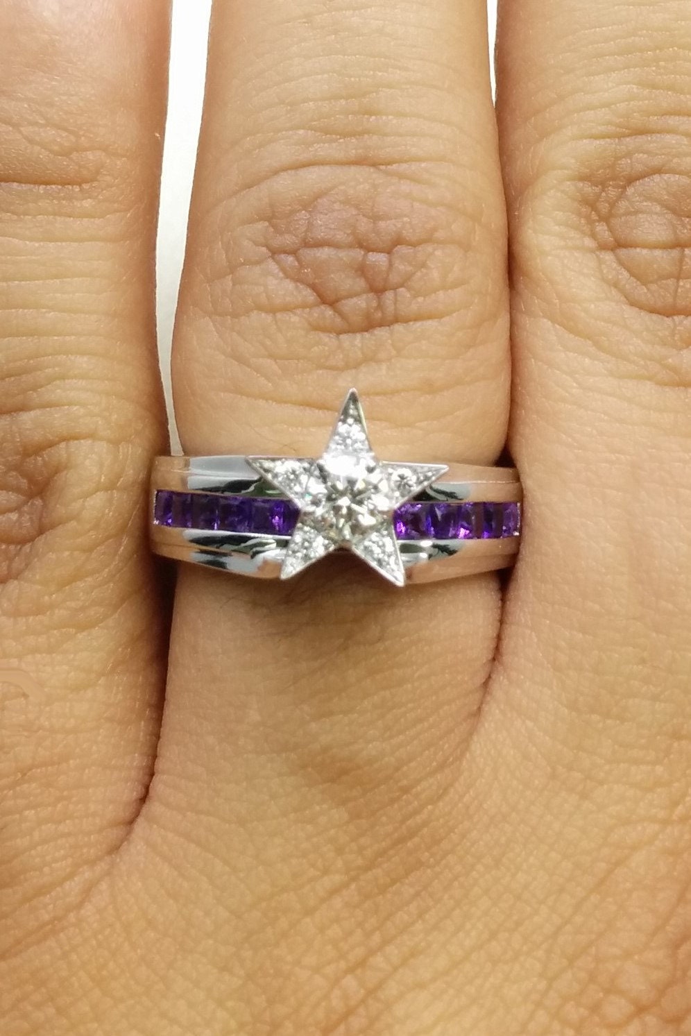 Amethyst & Diamond Star Bridge Engagement Ring in 14K White - Etsy