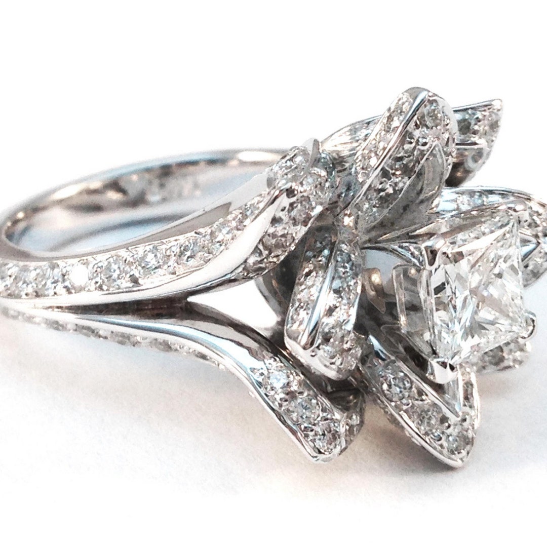 Princess Cut Diamond Lotus Engagement Ring 14k White Gold IGI Certified ...