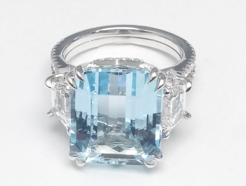 Three Stone Large Emerald Cut Aquamarine With Trapezoid | Etsy