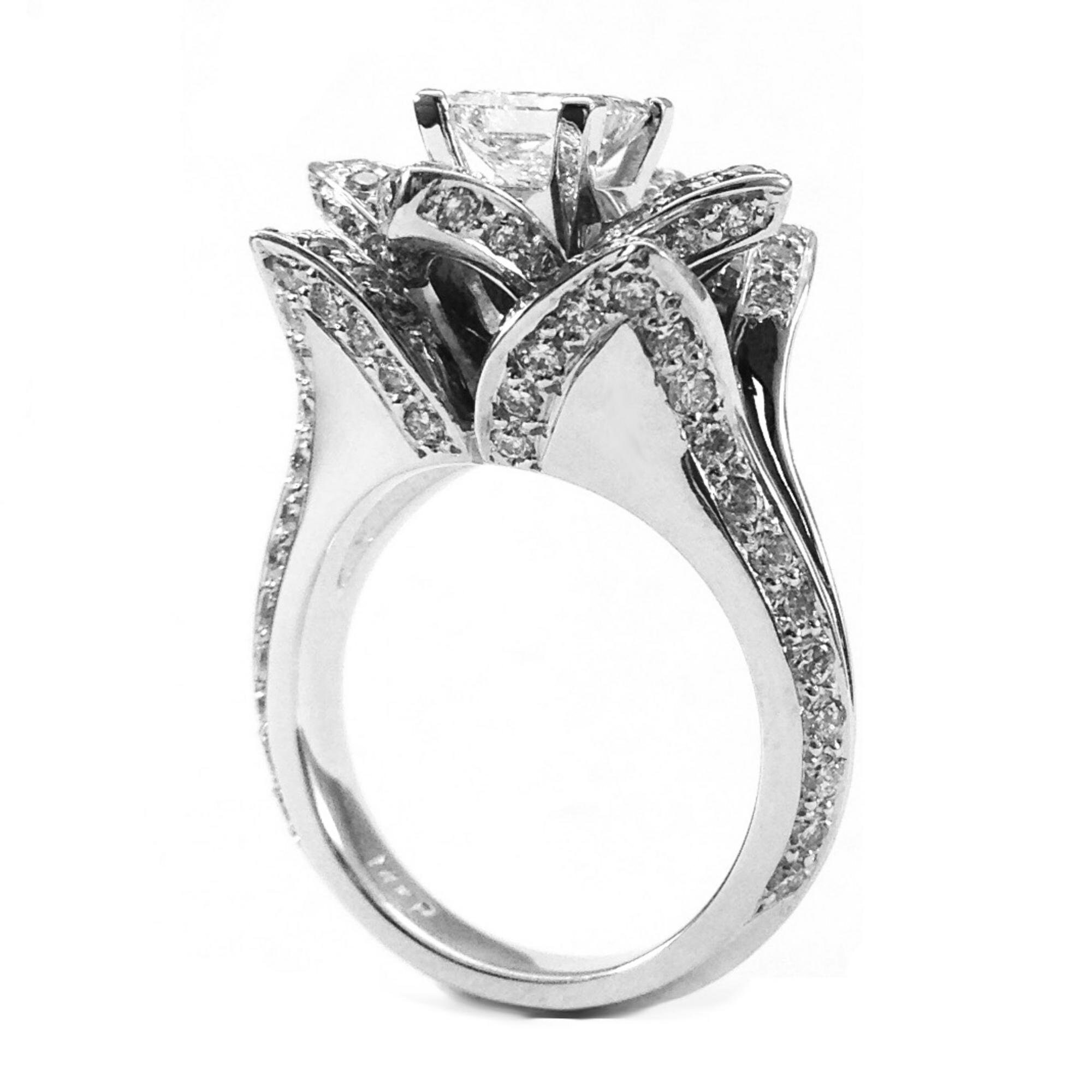 Princess Cut Diamond Lotus Engagement Ring 14k White Gold IGI Certified ...