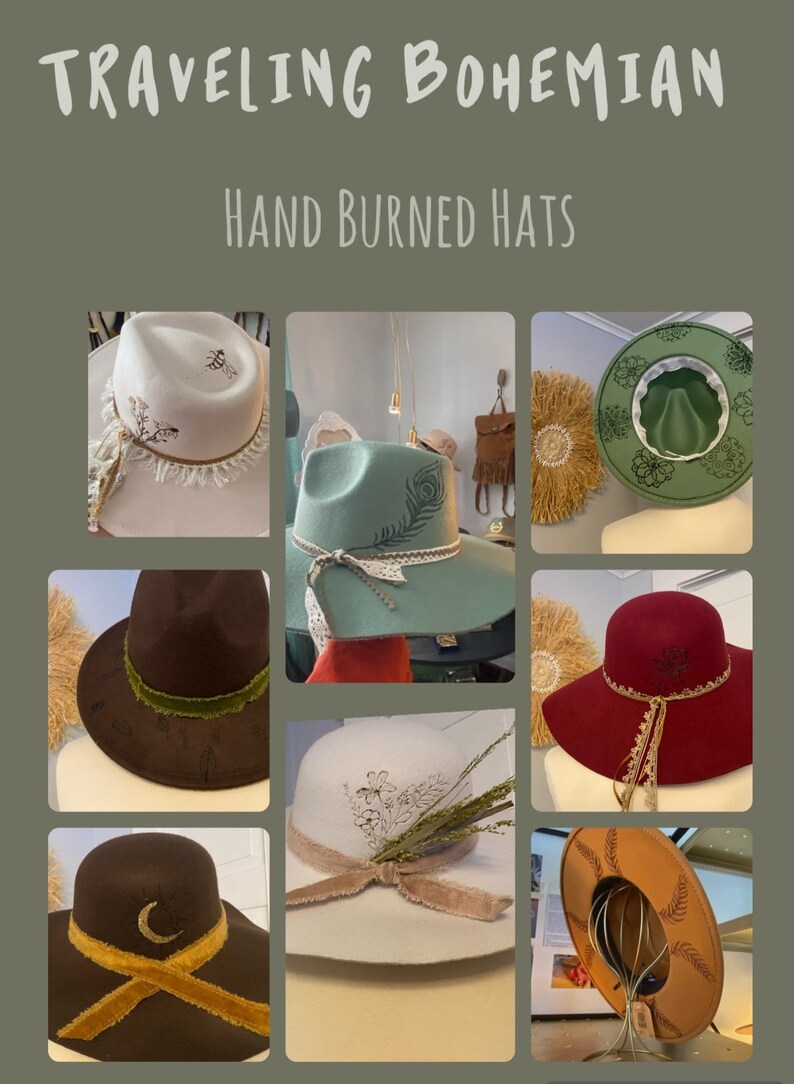 Custom Hand Burned Hat , Pyrography Hats , Bohemian Hat, Fashion Hats ...