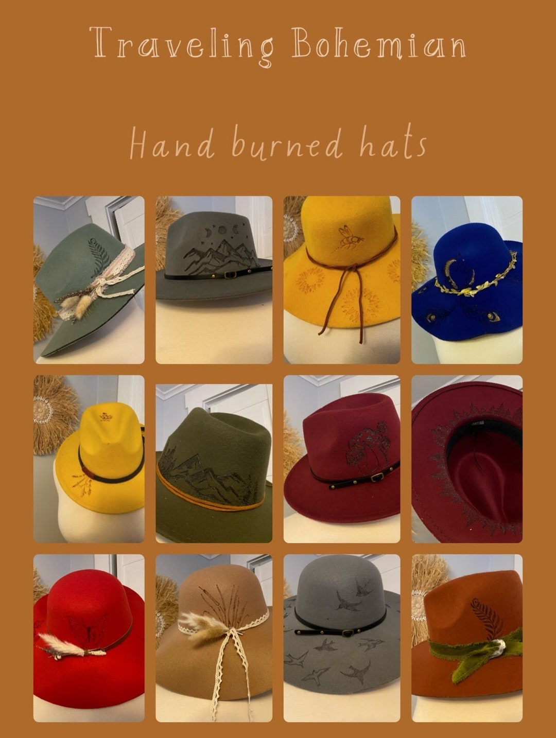 Custom Hand Burned Hat , Pyrography Hats , Bohemian Hat, Fashion Hats ...