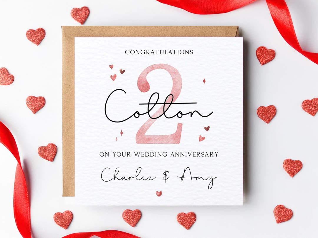 Personalised Cotton Anniversary Card, 2nd Wedding Anniversary Card, Personalised Second ...