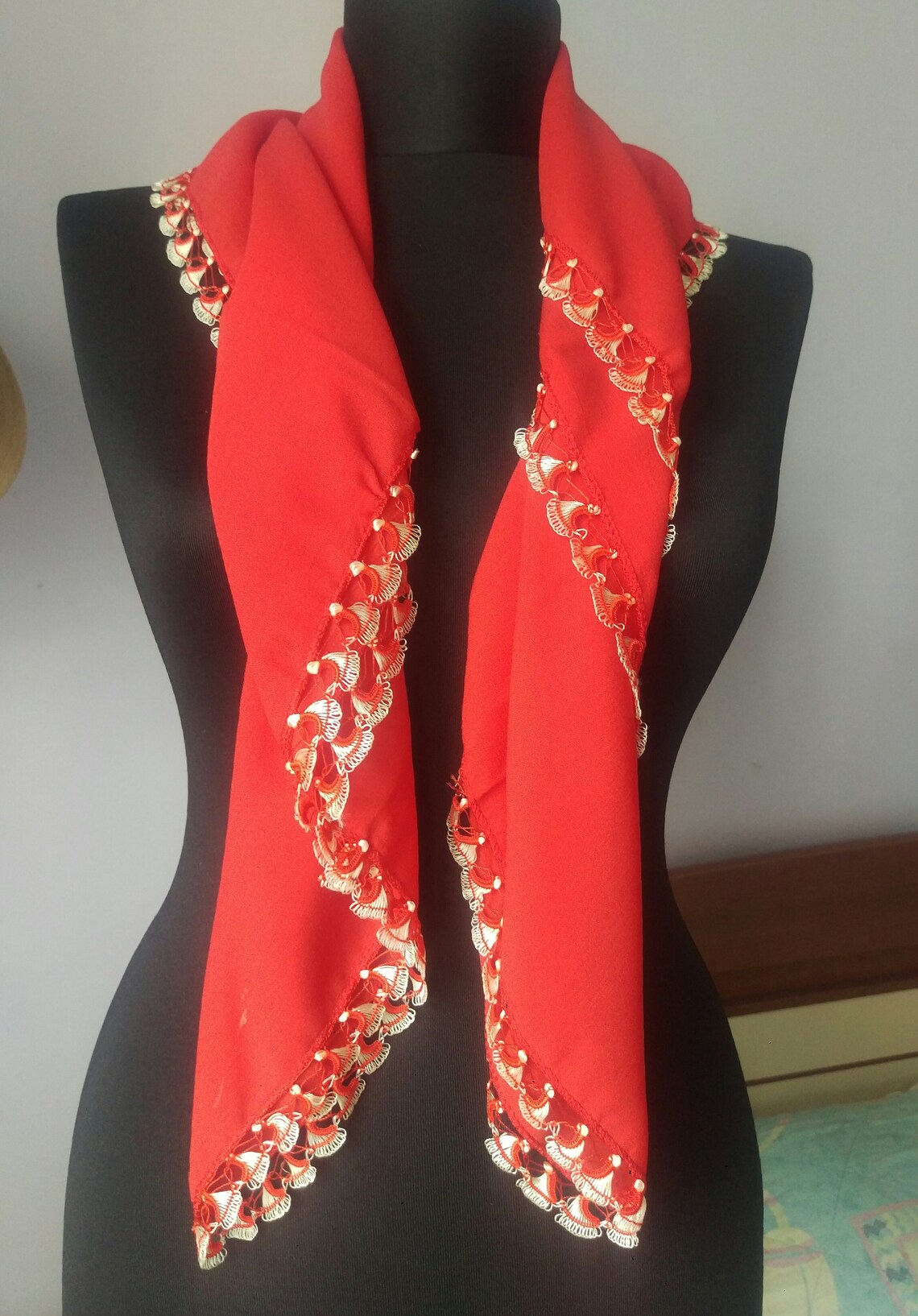 Red Turkish Scarf, Anatolian Oya Scarf, Crochet Lace Scarf, Red Cotton ...