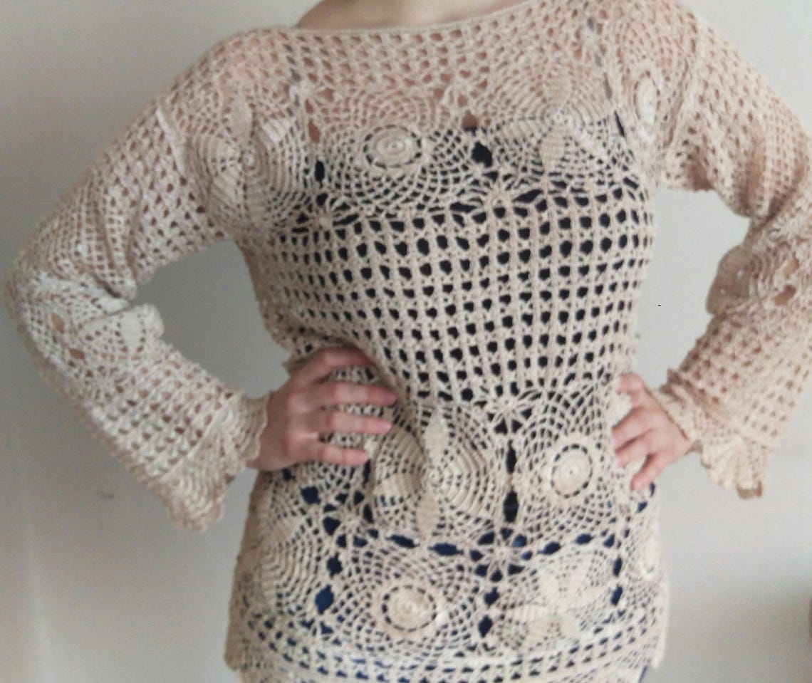 Crochet Beige Sweater, Beige Crochet Jacket, Crochet Sweater, Beige ...