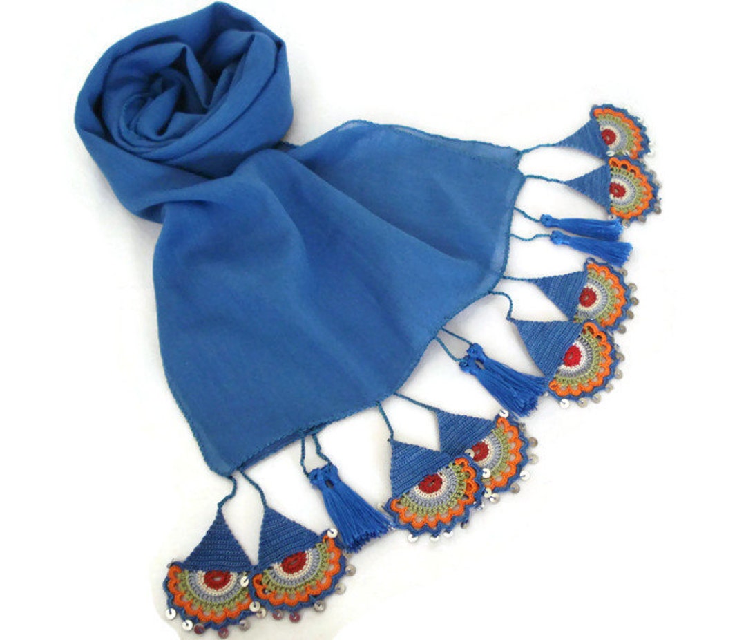 Scarf Turkish-anatolian Oya Scarf Hand Crocheted Lace Scarf Blue Soft ...