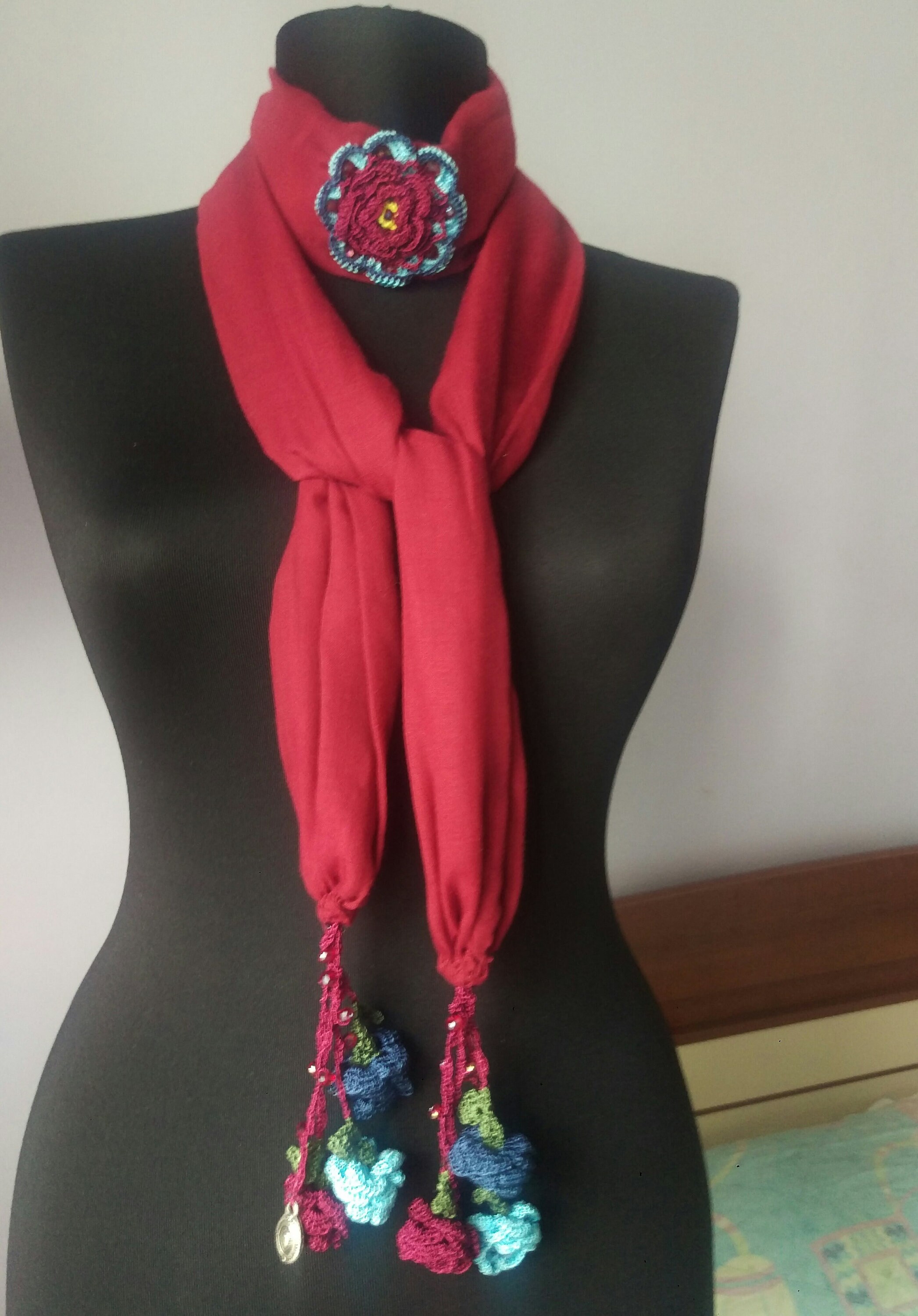Scarf Turkish, Anatolian Oya Scarf, Hand Crocheted Lace Scarf, Burgundy ...