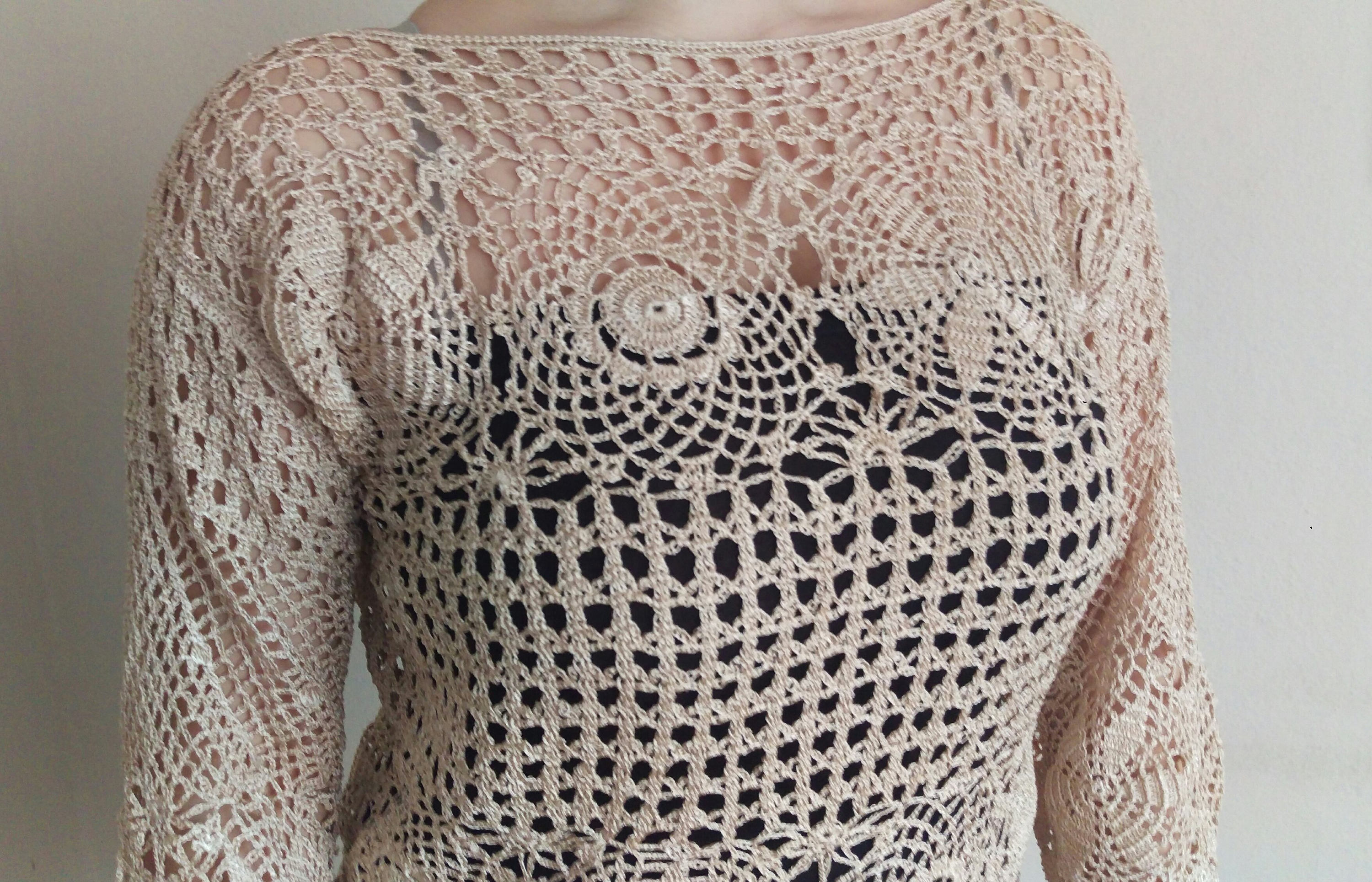 Crochet Beige Sweater, Beige Crochet Jacket, Crochet Sweater, Beige ...