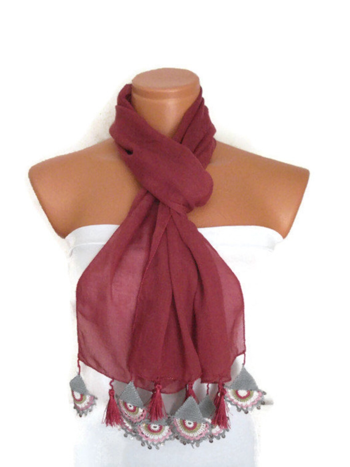 Scarf Turkish, Anatolian Oya Scarf, Hand Crocheted Lace Scarf, Burgundy ...