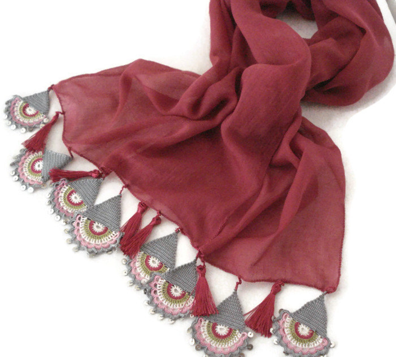 Scarf Turkish, Anatolian Oya Scarf, Hand Crocheted Lace Scarf, Burgundy ...
