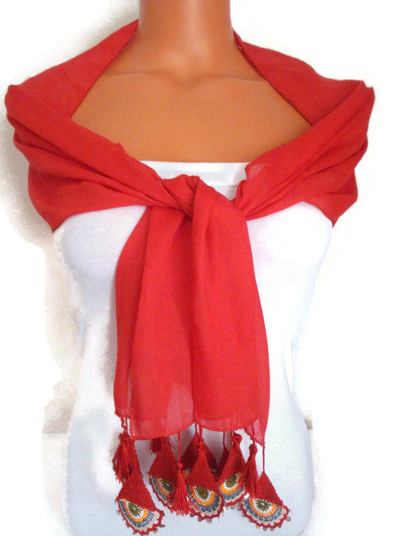 Scarf Turkish, Anatolian Oya Scarf, Hand Crocheted Lace Scarf, Red Soft ...