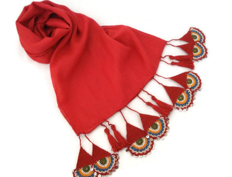 Scarf Turkish, Anatolian Oya Scarf, Hand Crocheted Lace Scarf, Red Soft ...