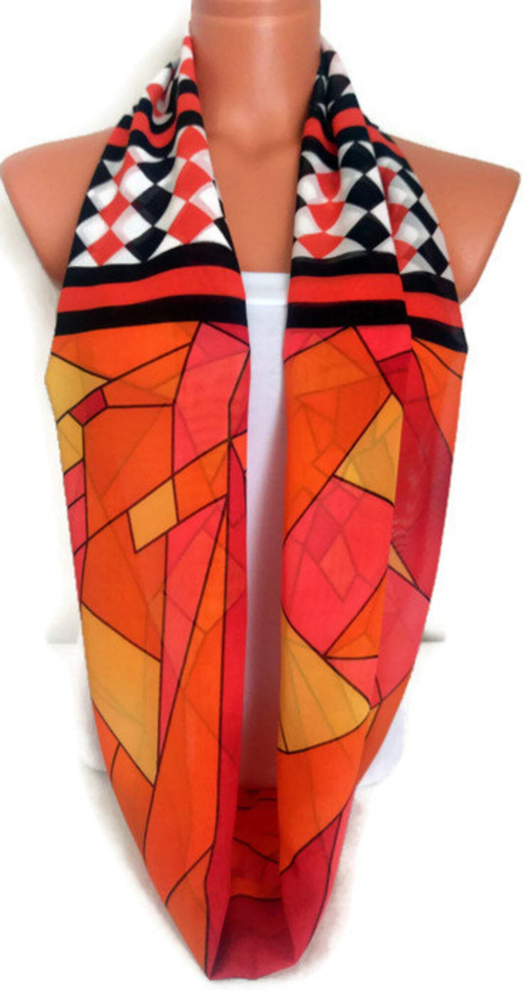 Geometrical Pattern Scarf Silk Chiffon Scarf Orange Yellow Black Scarf ...