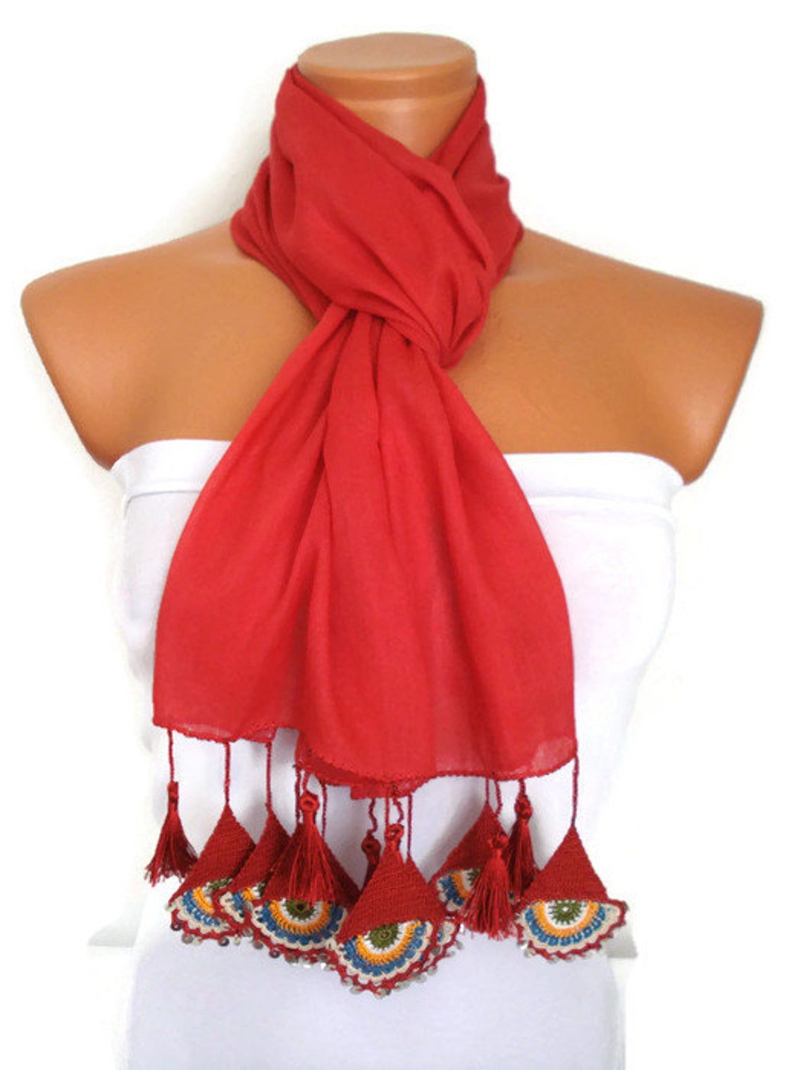 Scarf Turkish, Anatolian Oya Scarf, Hand Crocheted Lace Scarf, Red Soft ...