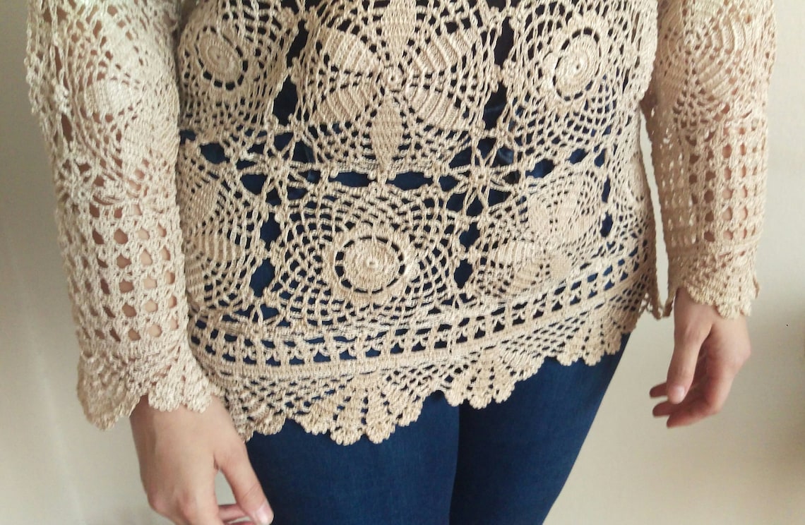 Crochet Beige Sweater, Beige Crochet Jacket, Crochet Sweater, Beige ...