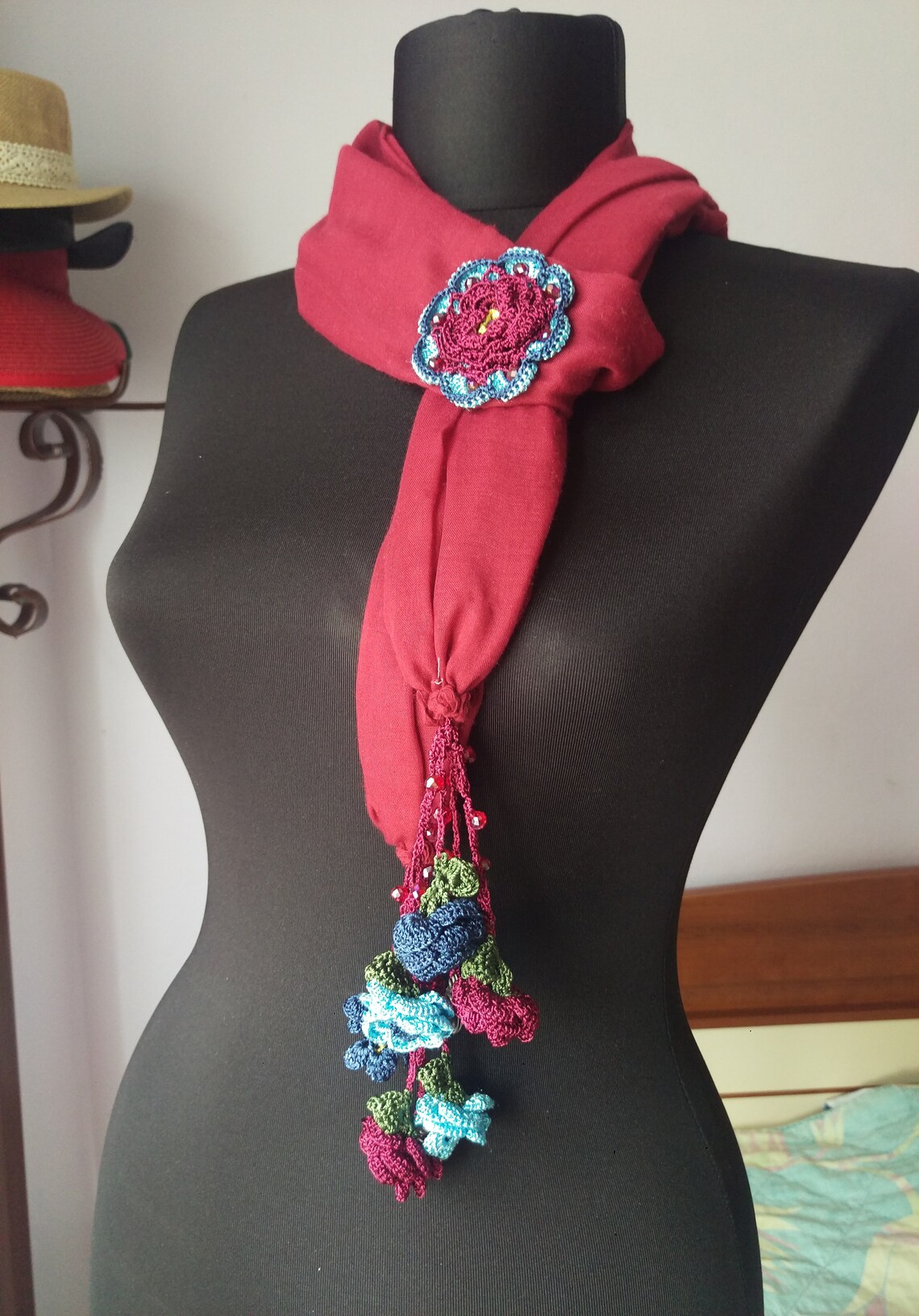 Scarf Turkish, Anatolian Oya Scarf, Hand Crocheted Lace Scarf, Burgundy ...