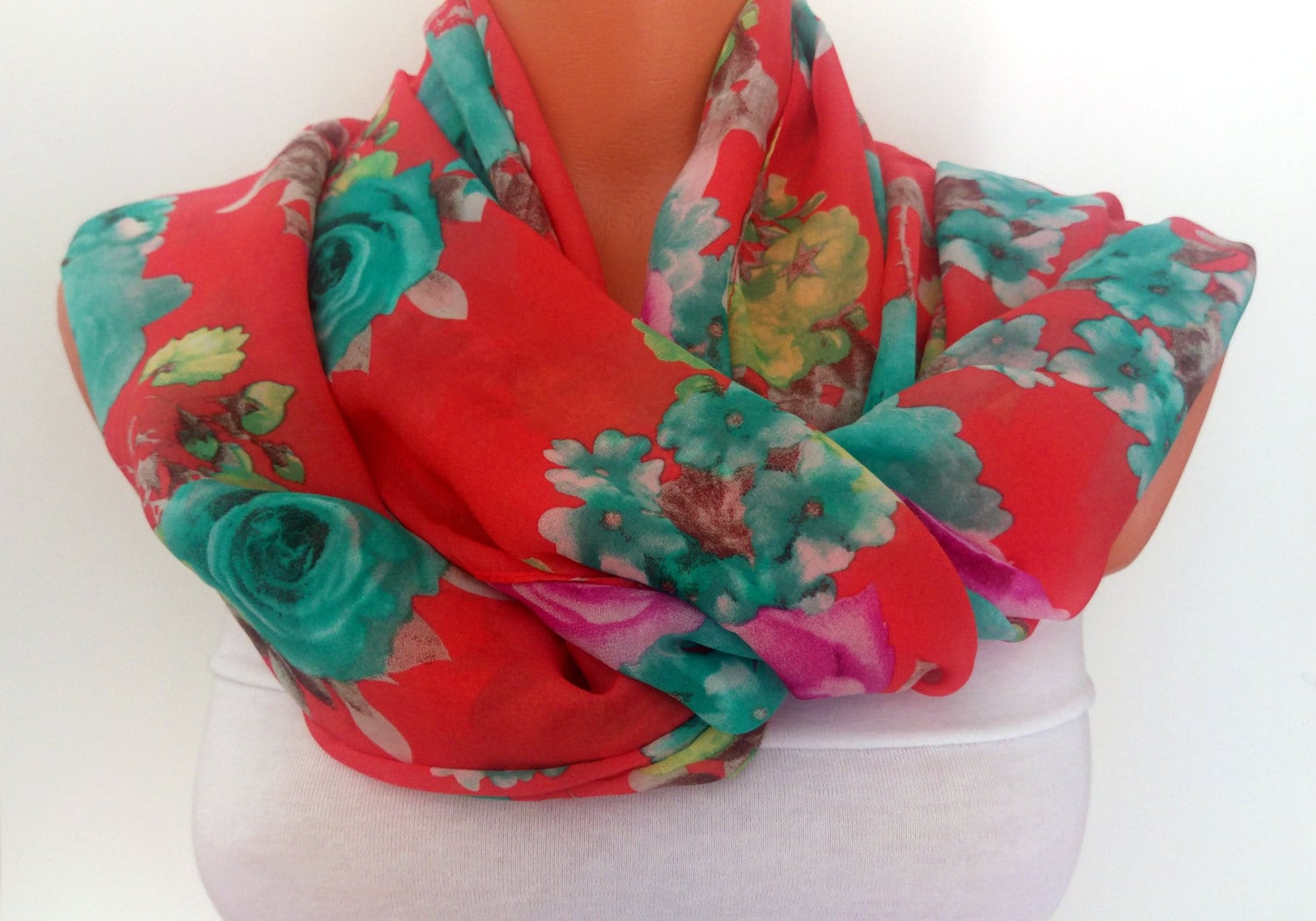 Rose Printed Scarf- Silk Chiffon Scarf- for Her- Spring Summer Scarf ...