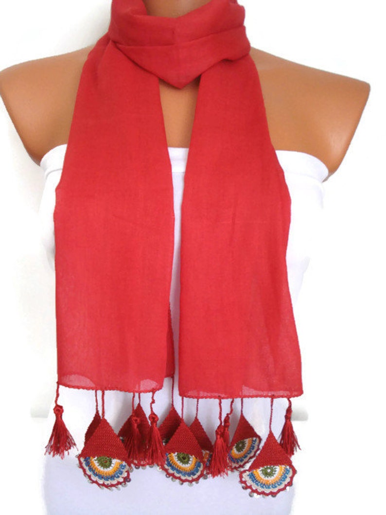 Scarf Turkish, Anatolian Oya Scarf, Hand Crocheted Lace Scarf, Red Soft ...