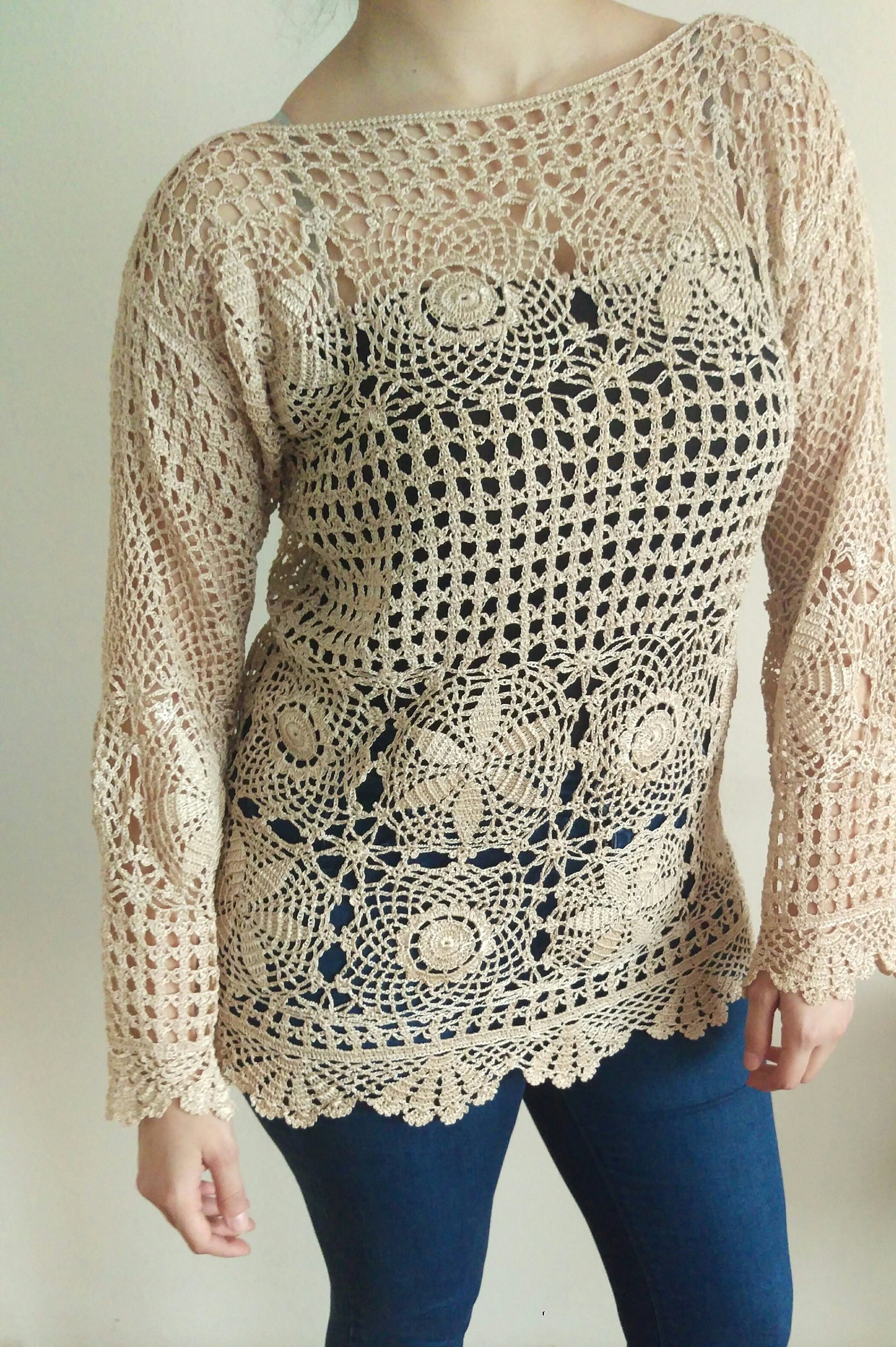 Crochet Beige Sweater, Beige Crochet Jacket, Crochet Sweater, Beige ...