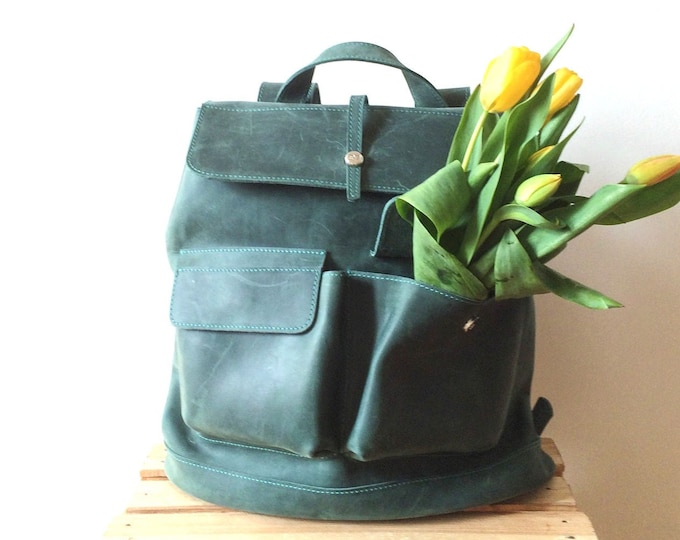 Handmade GREEN LEATHER BACKPACK / Handcrafted Cowhide Leather Rucksack ...