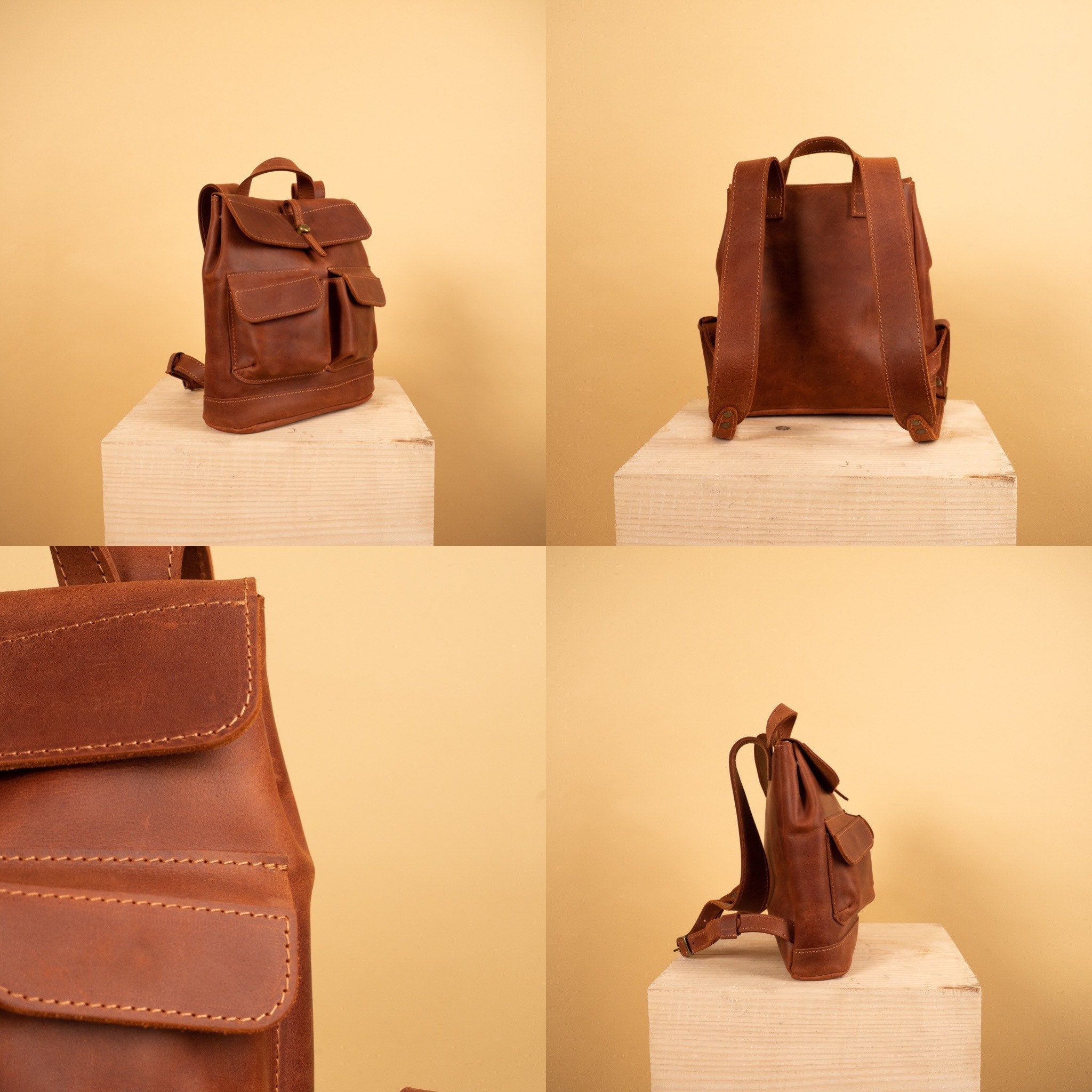 Small LEATHER BACKPACK / Handcrafted Leather Mini Bag With Two | Etsy