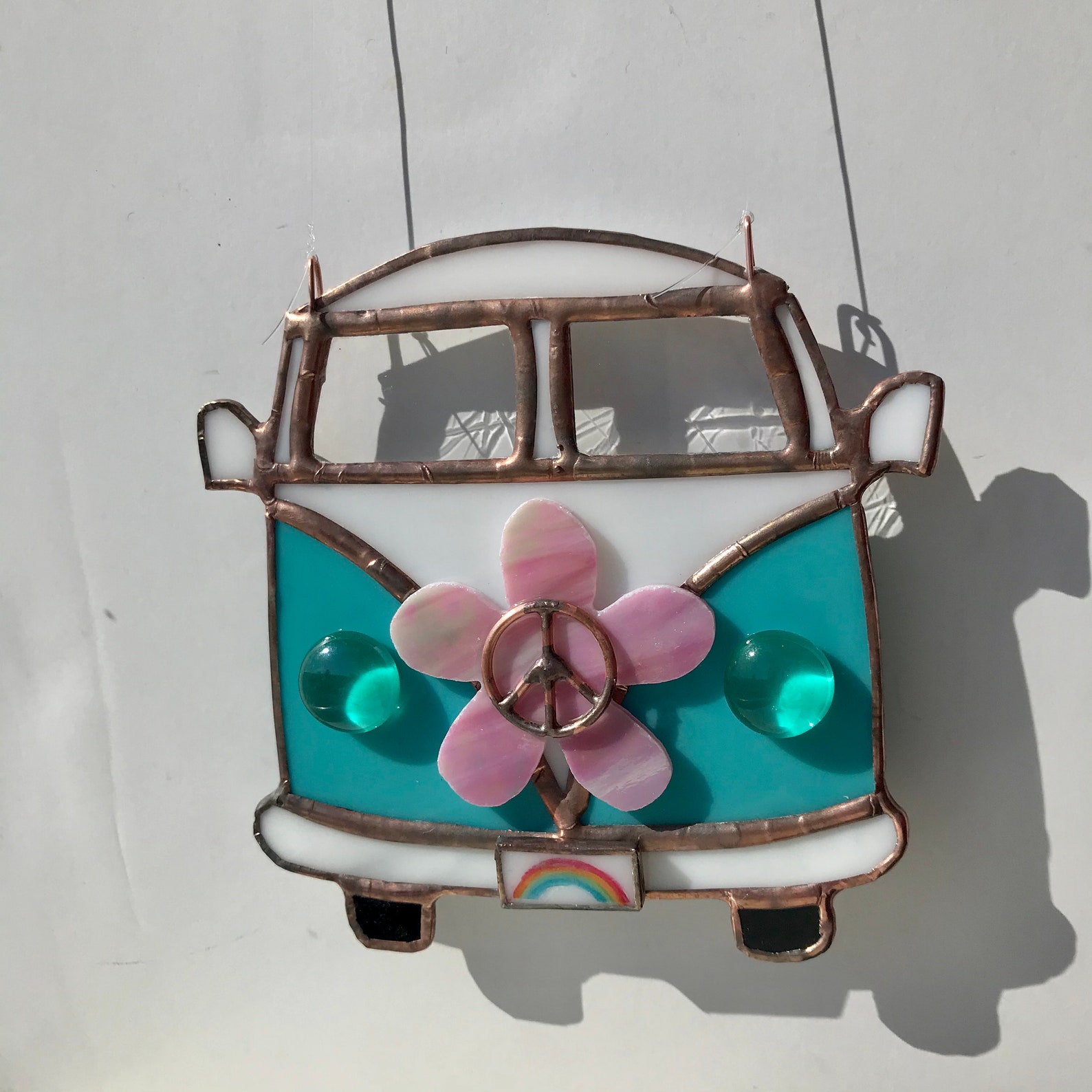 Aqua Blue Hippy Bus Nostalgic 1960s Handmade Stained Glass Sun Catcher ...