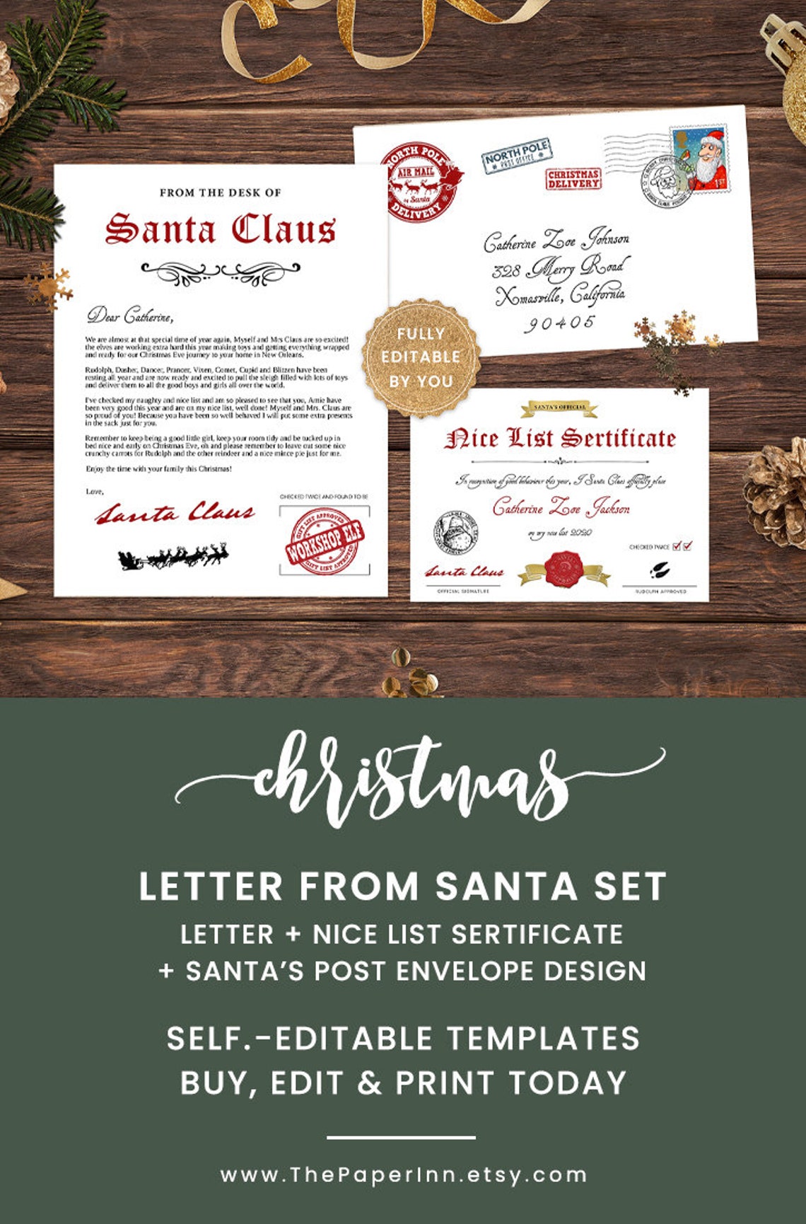 Editable Letter From Santa Template Set, Personalized Santa Letterhead ...
