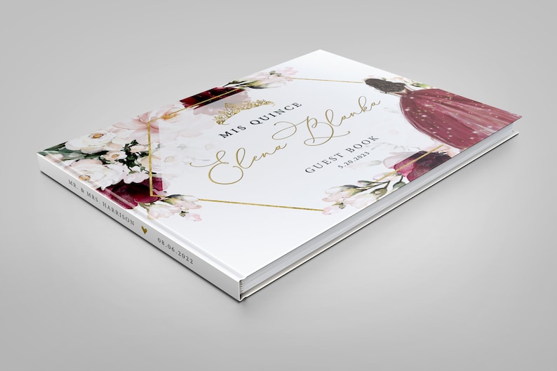 Floral Quinceañera Guest Book, Custom Burgundy Sweet 16 Princess Photo ...