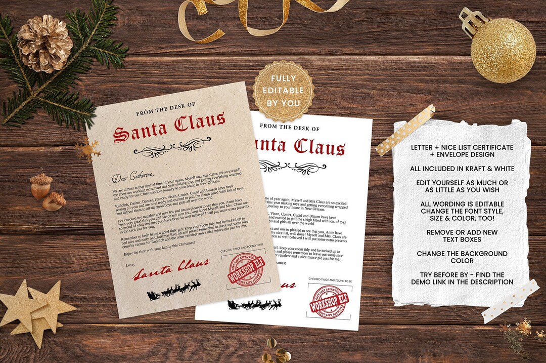 Editable Letter From Santa Template Set, Personalized Santa Letterhead ...