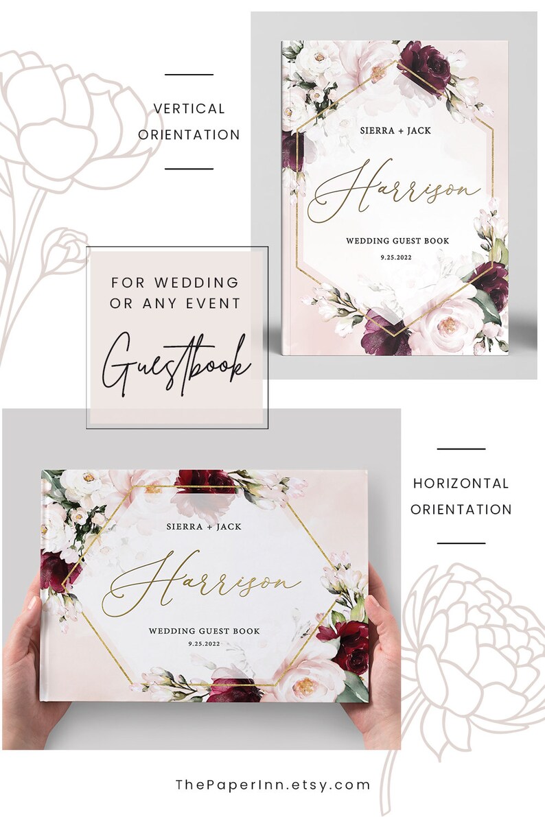 Floral Wedding Guest Book, Burgundy Blush Gold Foil, Custom Bridal ...