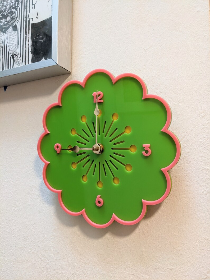 Retro Flower Wall Clock Lime Green and Pink Floral Home Decor Vintage ...