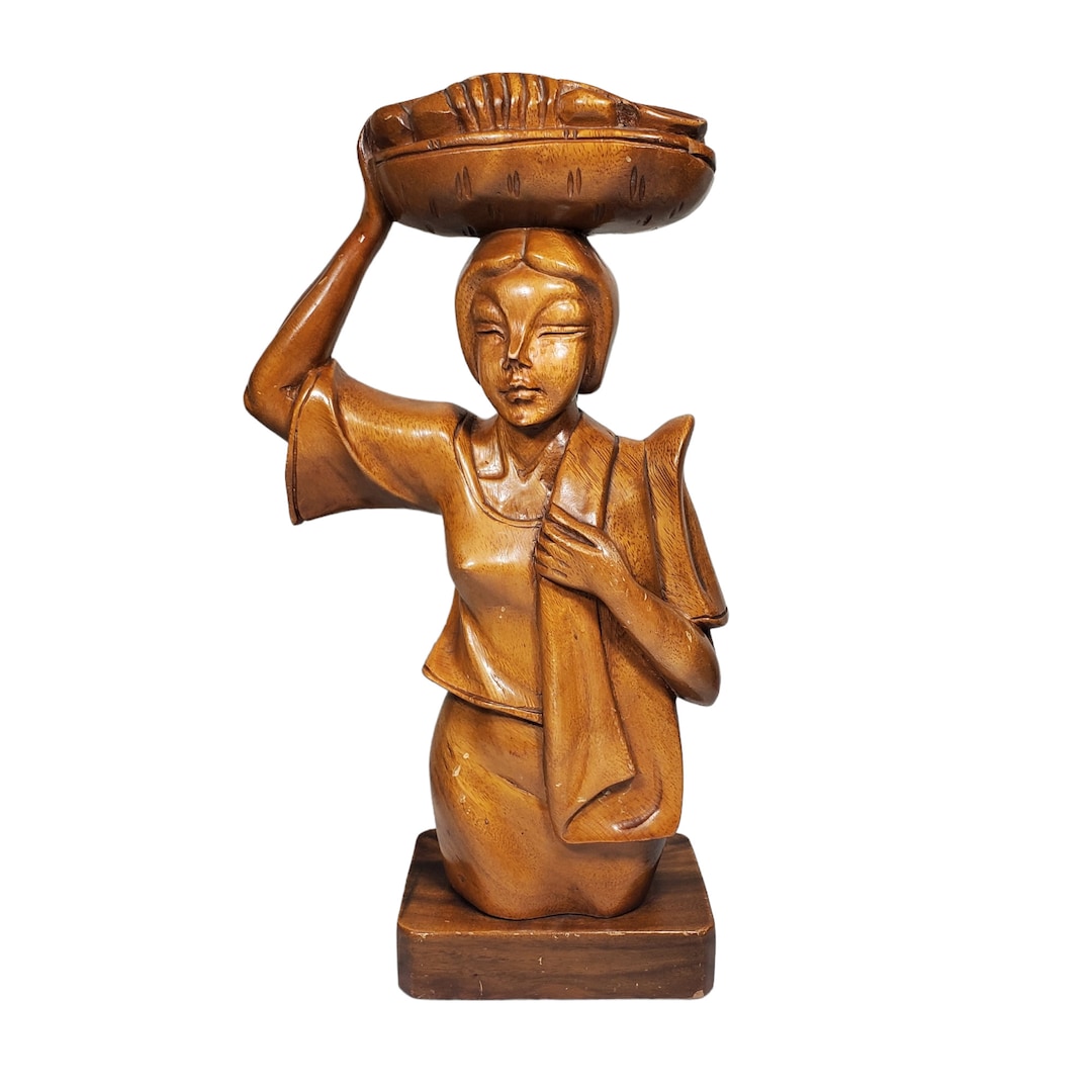 Vintage 70s Carved Teak Wood Statue Sculpture Oriental Woman 16, Head ...