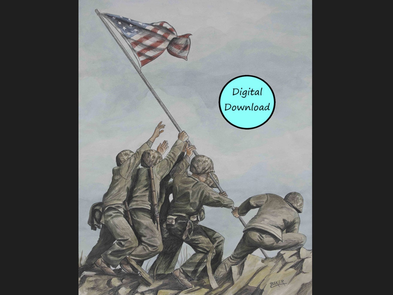 Iwo Jima Flag Raising, Watercolor and Colored Pencil, World War 2 ...