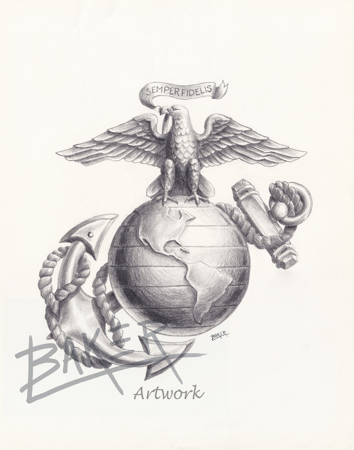 Marine Corps Emblem Graphite Pencil Drawing: Patriotic Wall Art ...