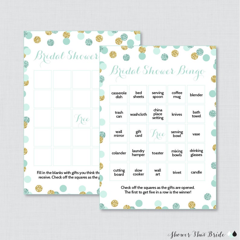 Mint and Gold Bridal Shower Bingo Printable 60 Unique - Etsy