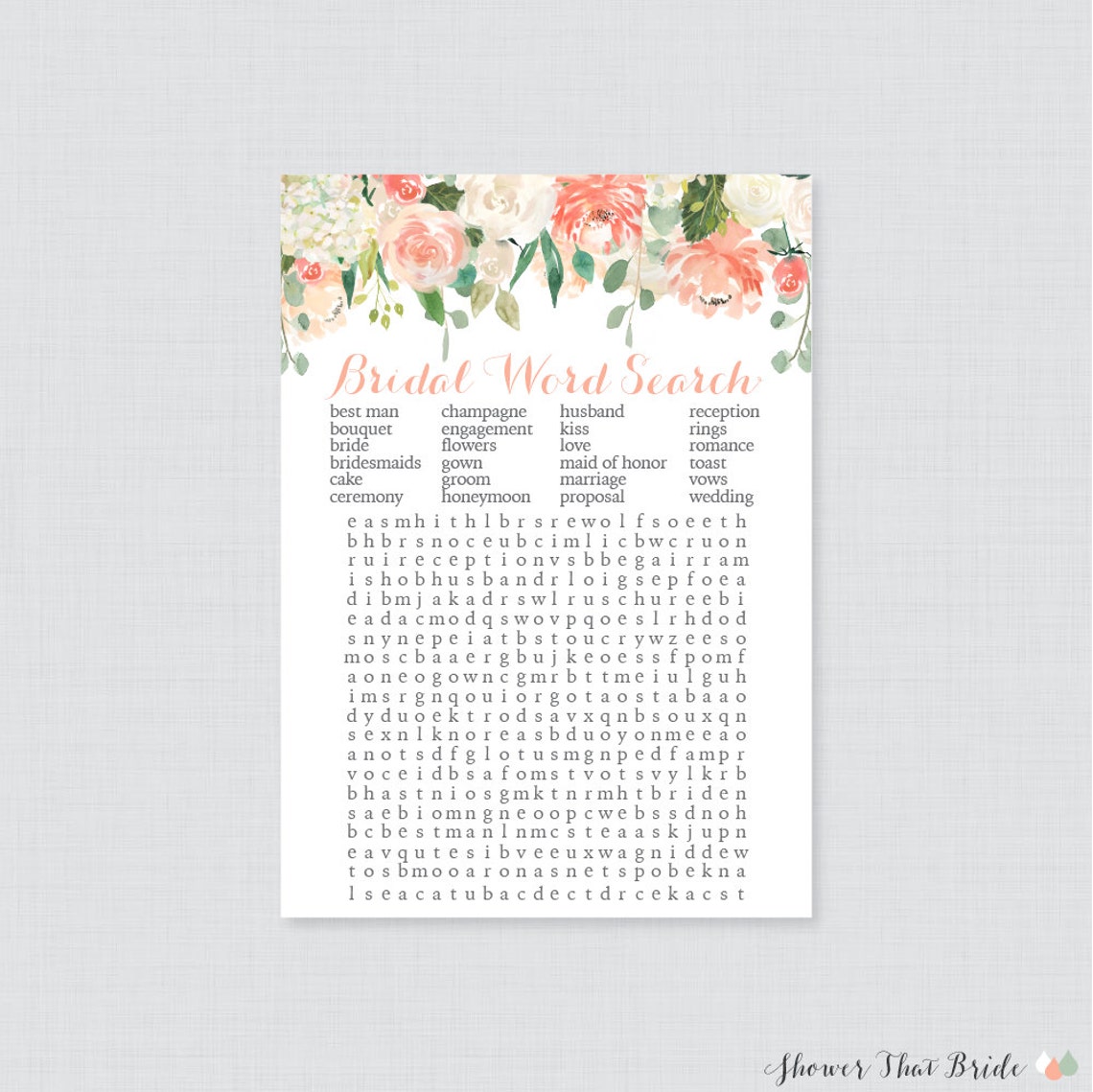 Peach Floral Bridal Shower Word Search Printable Peach and | Etsy