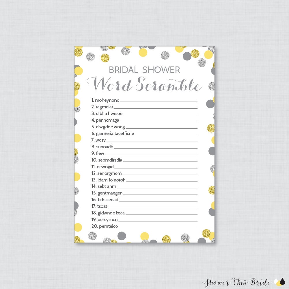 Yellow and Silver Bridal Shower Word Scramble Printable | Etsy