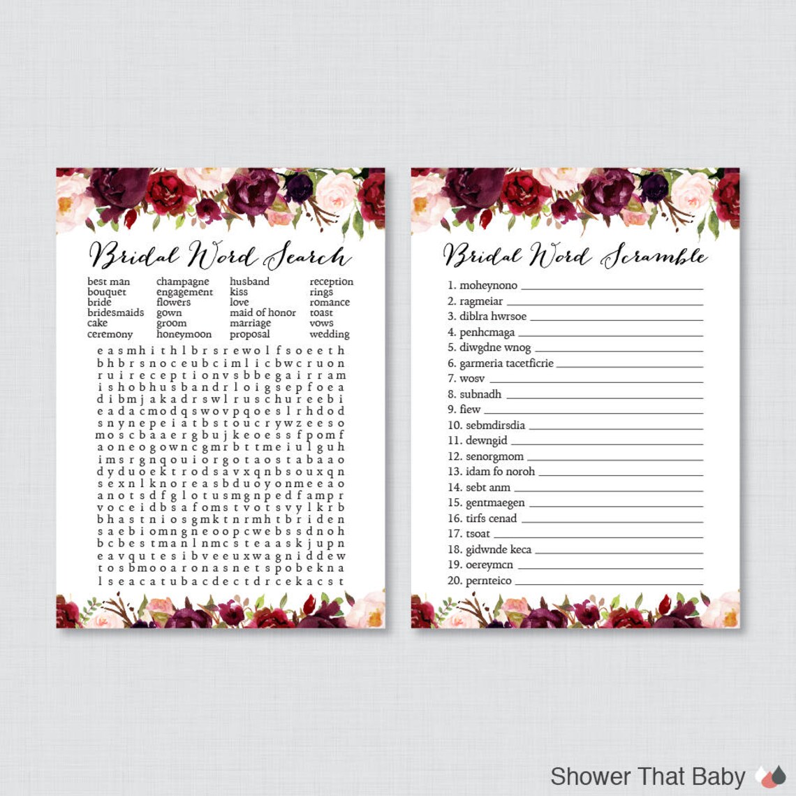 Marsala Floral Bridal Shower Games Package With Six Games - Etsy