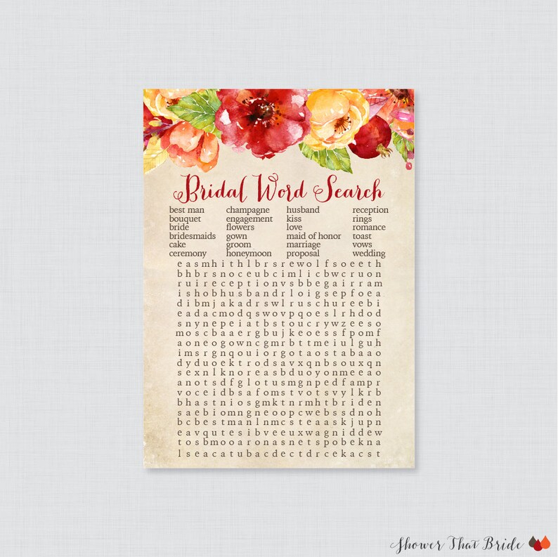 Fall Bridal Shower Word Search Printable Rustic Bridal | Etsy