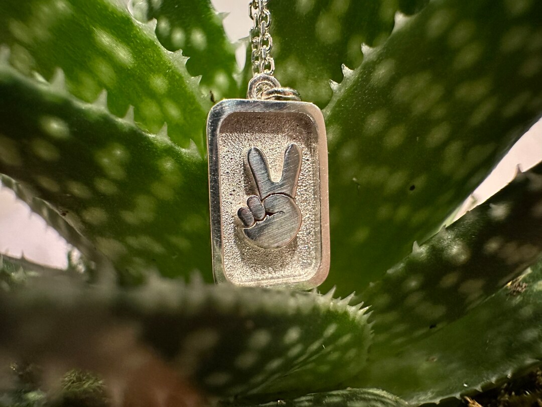 Sterling Silver Dainty Peace Hand Symbol Rectangle Necklace - Etsy